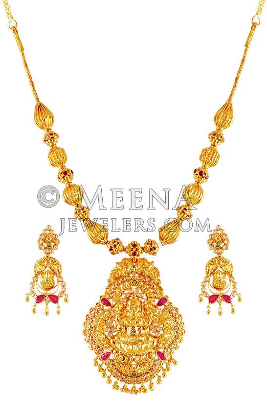 22K Temple Necklace Set - StGd17616 - 22K Gold Temple Necklace and ...