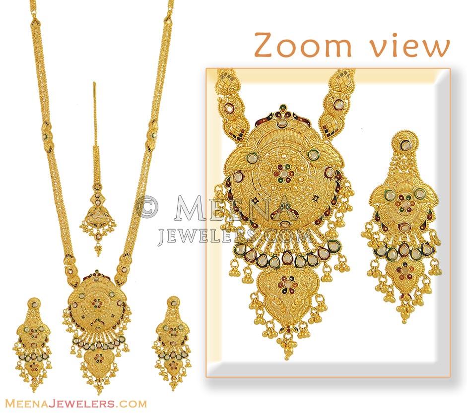 Necklace, Earrings and Tikka Set - StBr9960 - 22K Gold Long Necklace ...