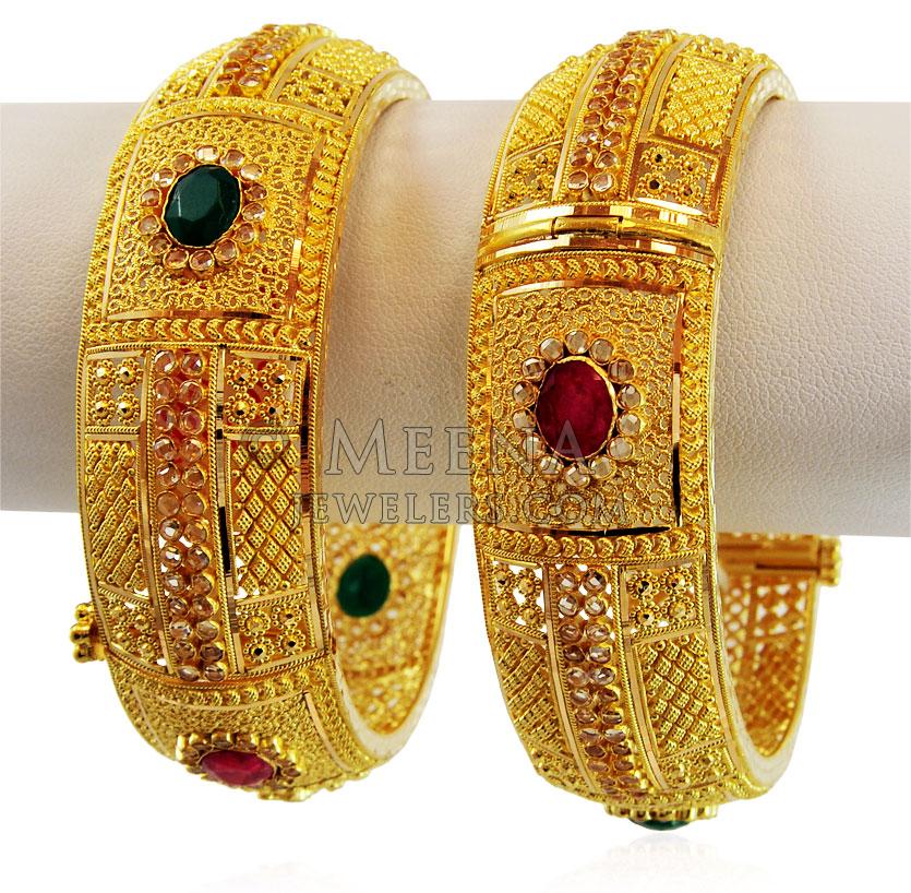 Precious Stones Wide Gold Kadas - BaKa17336 - Designer 22k Gold Wide ...