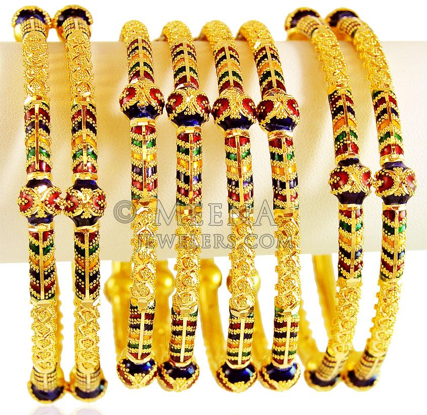 22 Karat Gold Meena Bangle Set - BaSt19747 - 22K Gold Bangles Set (Set ...