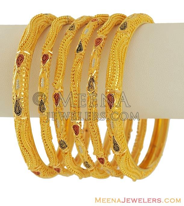 Gold 3 Tone Bangle Set - BaSt6291 - 22Kt Gold Bangles (Set of 6) with ...
