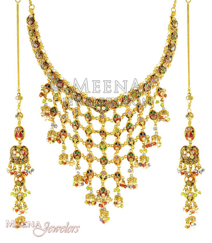 Gold Antique Necklace Set - StAn3316 - 22k gold antique finish necklace ...