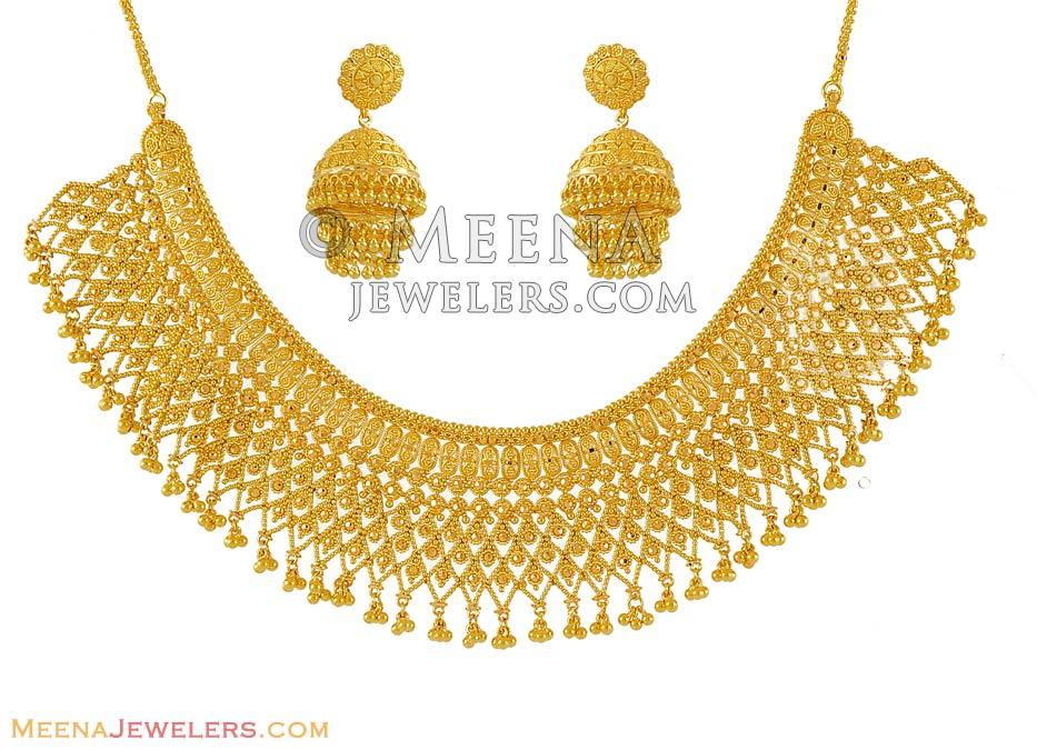 22k Gold Bridal Necklace set - StBr6998 - 22k gold bridal necklace and ...