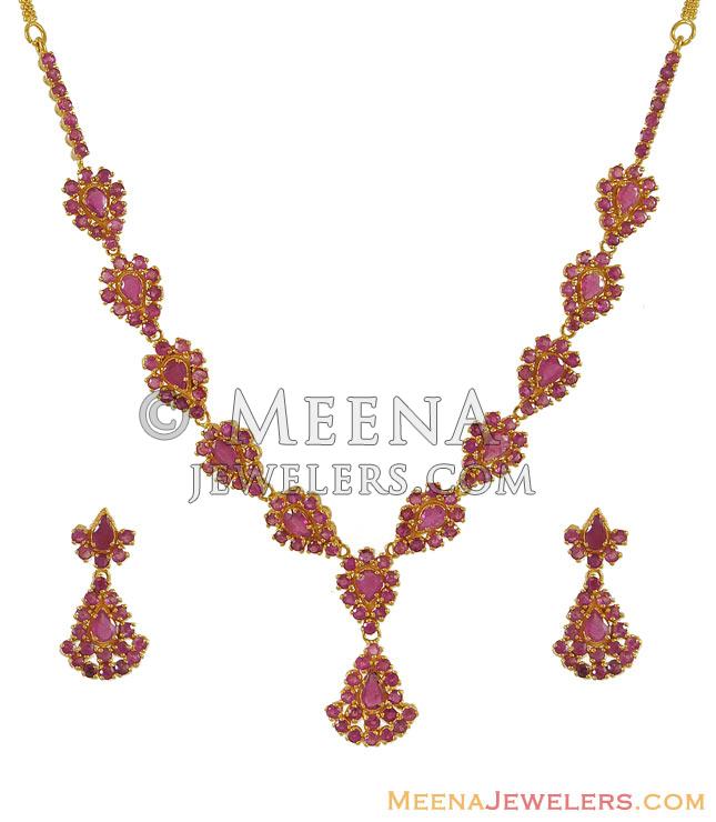 22K Necklace Set with Rubies Studded - PsRu7313 - 22K Gold Necklace and ...
