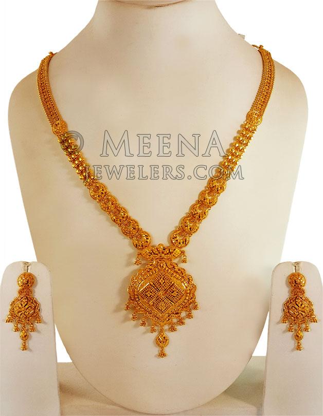 22K Gold Long Necklace Earring Set - StGo22230 - 22K Gold Long Necklace ...