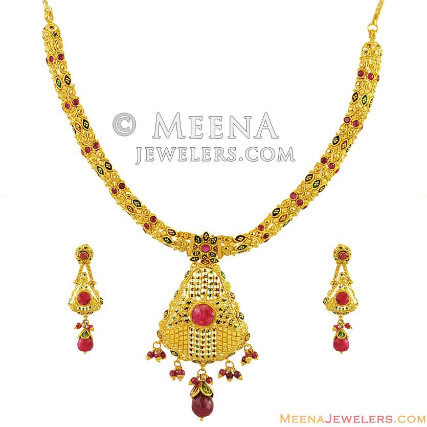 22K Elegant Meenakari Necklace Set - StGo11800 - 22K Gold Elegant ...