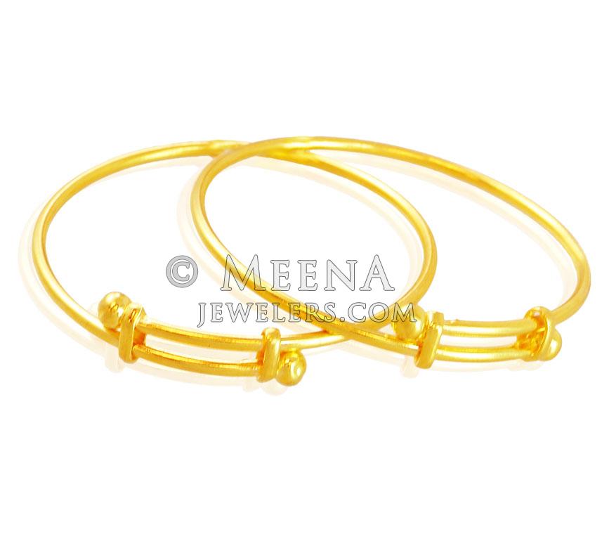 22K Adjustable Kids Kada (2PCs) - BjBa17161 - 22K Gold Plain pipe kada ...