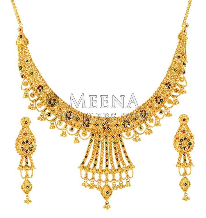 22K Meenakari Necklace Set - StGd4631 - 22K Gold Necklace and Earrings ...