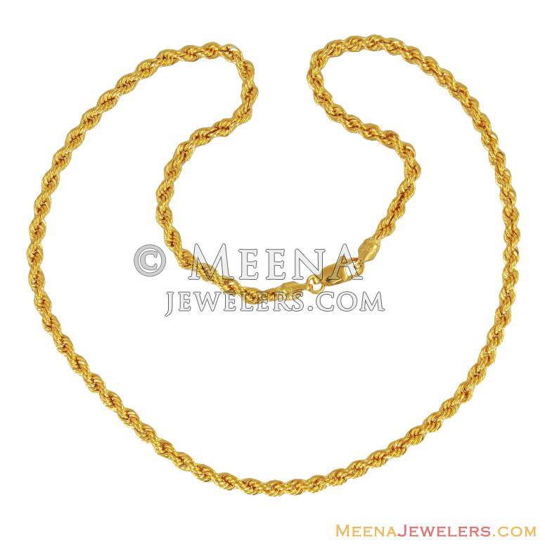 22K Hollow Rope Chain (16 Inches) - ChPl11876 - 22K yellow Gold Hollow ...