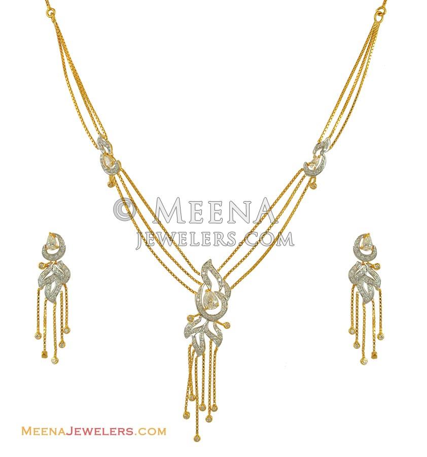 22k CZ 2 Tone Necklace Set - StGd11350 - 22k gold two tone necklace earring set, beautifully ...