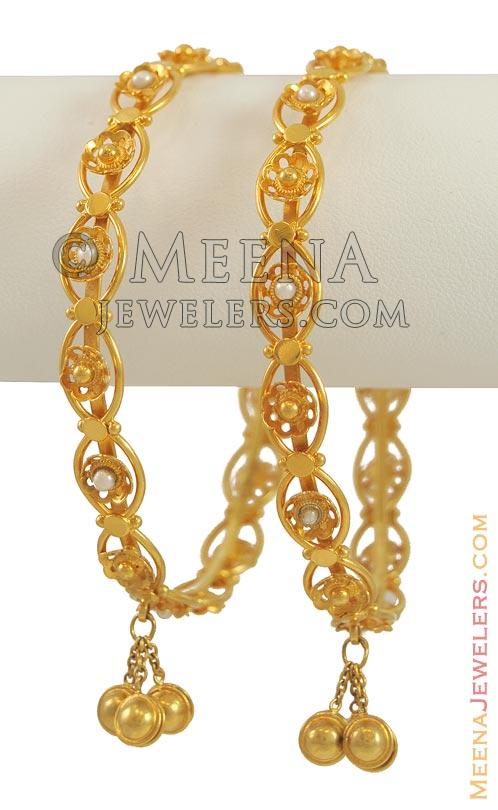 22k Designer Pearls Bangles (2 pcs) - BaGo10011 - 22K gold designer ...