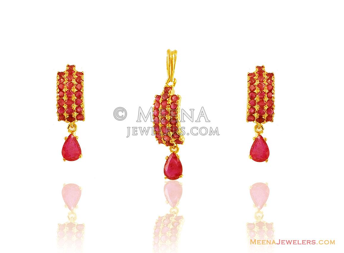 Ruby Pendant Set (22k gold) - PsPS14786 - 22k Gold Pendant & Earrings ...