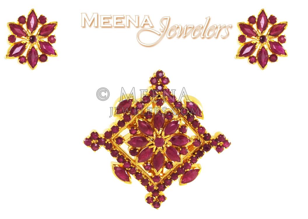 22Kt Gold Ruby Pendant Set - PsPs1495 - 22Karat Gold Pendant and ...