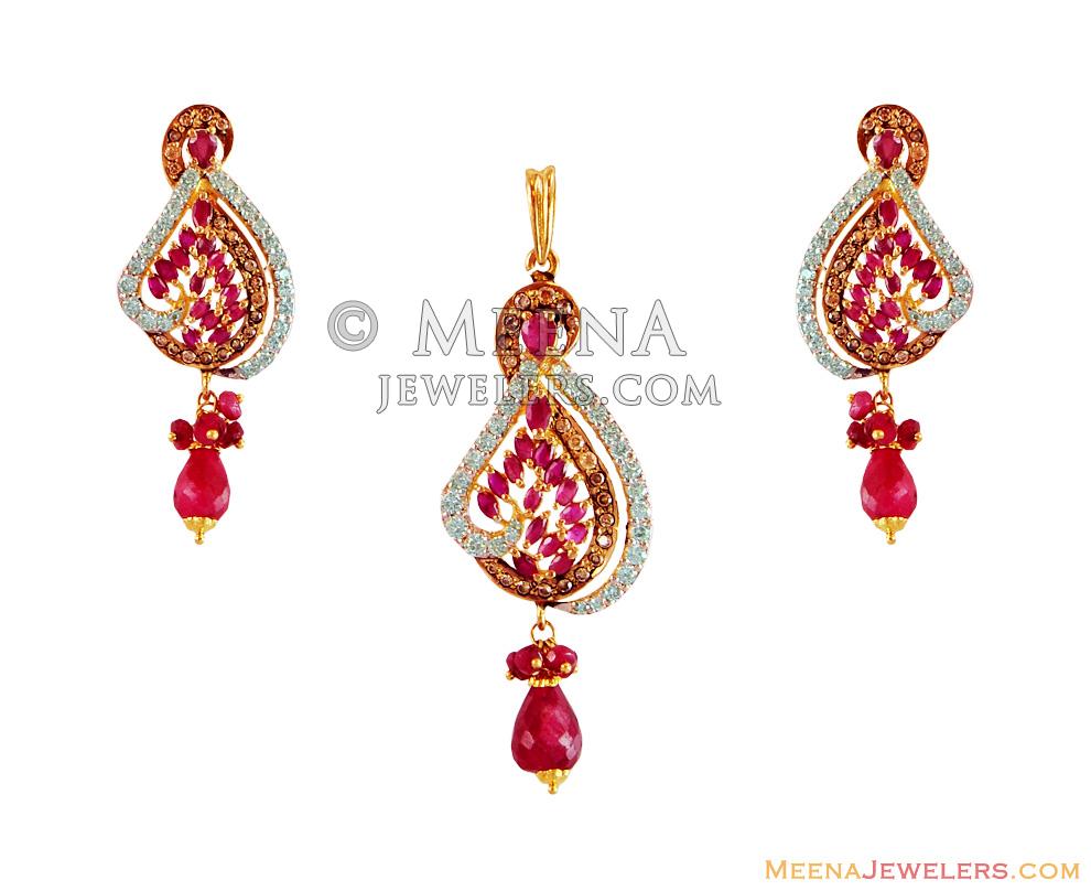 22K Gold Ruby CZ Pendant Set - PsPS15791 - Fancy 22K Gold Two tone ...