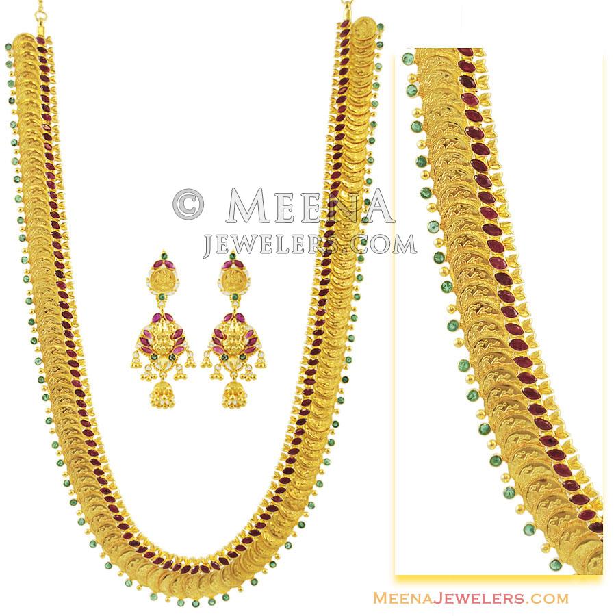 22k Ruby,Emerald Kasu Mala(Set) - sTbR11477 - 22k gold designer Long Mala(Necklace and earring ...
