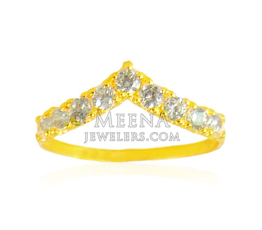 22Kt Gold CZ Ring - RiLs20611 - 22Kt Gold ring is designed in v-shape ...