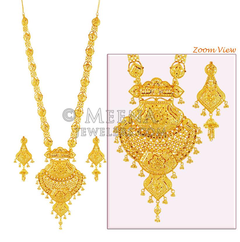 22K Gold Patta Necklace Set - StBr16214 - 22K Long Gold Necklace ...