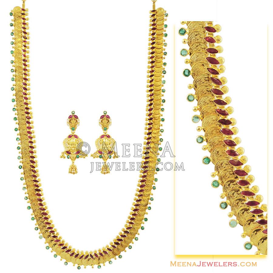 22k Precious Stones Kasu Mala(Set) - StBr11475 - 22k gold designer Long ...