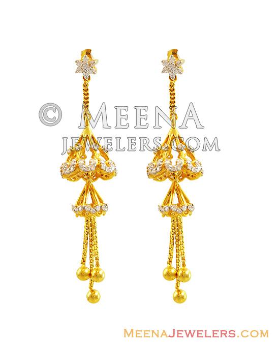 22K CZ Studded Long Jhumka Earrings - ErFc14000 - 22Kt gold earrings ...