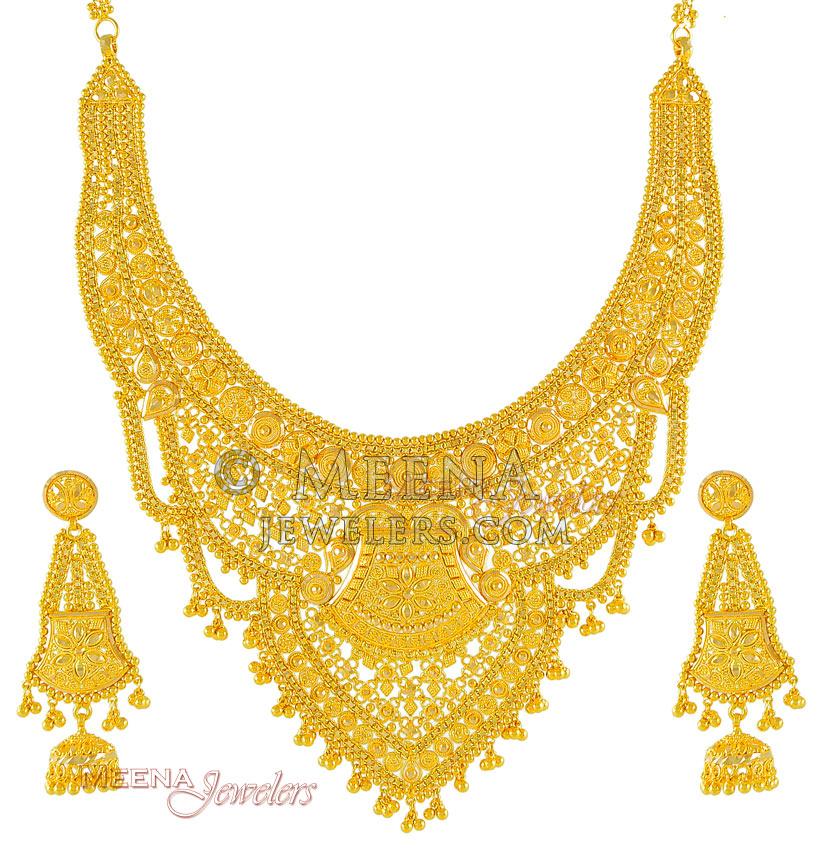 22Kt Gold Necklace Set - StBr3470 - 22 Kt gold necklace and earring set ...