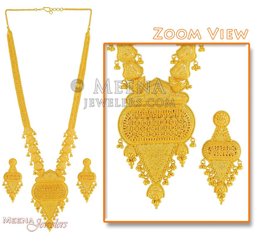 22K Gold Bridal Necklace Set - StBr3351 - 22K Gold Long Necklace and ...