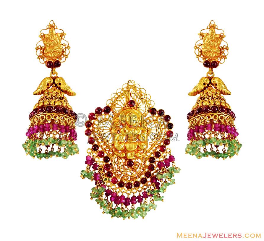 22K Gold Laxmi Pendant Set - PsAn16132 - 22K Gold Pendant and Earrings ...