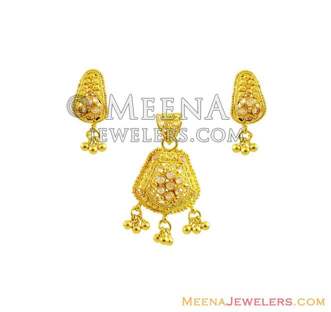22K Gold Pendant Set - PsYg12317 - 22K Gold nice Polki Type stone and ...