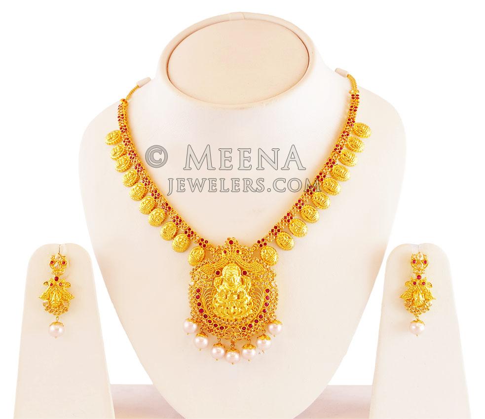 22K Ruby Temple Necklace Set - StGd17906 - 22K Gold Temple Necklace and ...