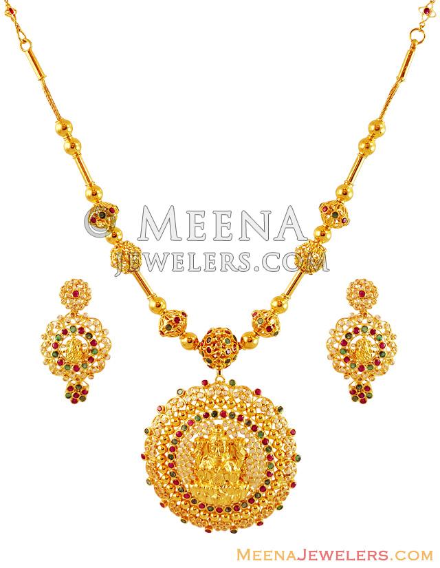 22K Stones Temple Necklace Set - stgd16167 - 22k Gold Temple Necklace ...