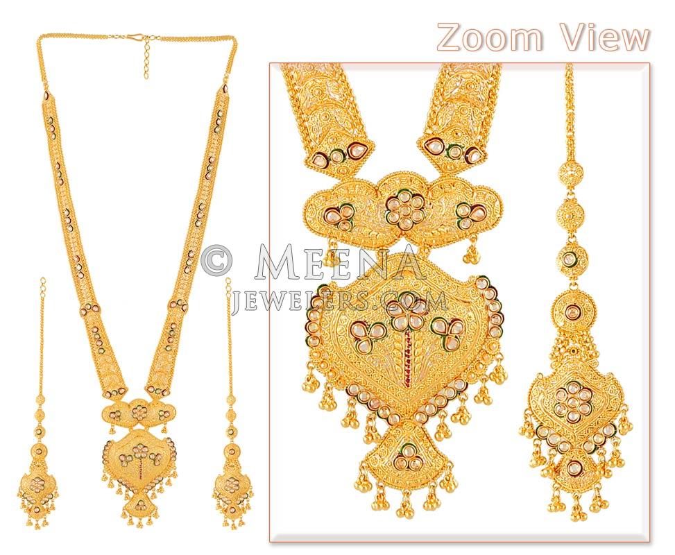 22K Gold Long Patta set with Stones - StBr4629 - 22K Gold Long Patta set with polki style Stones ...