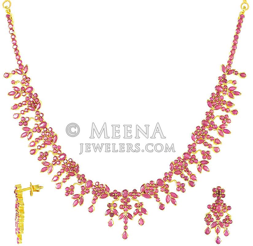 22K Gold Ruby Necklace Set - PsRu2737 - 22K Gold Necklace and Earrings ...