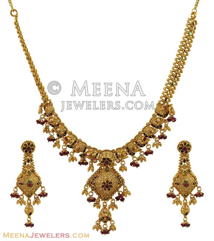 Antique Gold Meenakari Set - StAn10189 - 22K Antique Gold Designer ...