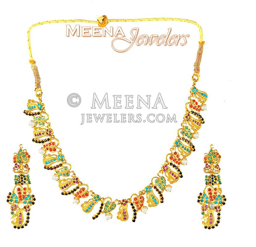 Gold Navratan Set | 22KT Gold - StPs2625 - 22Kt Gold three-piece ...