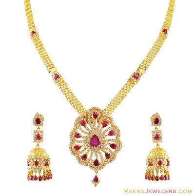 22K Designer Gold Ruby Set - StPs12561 - 22k gold necklace & earrings ...