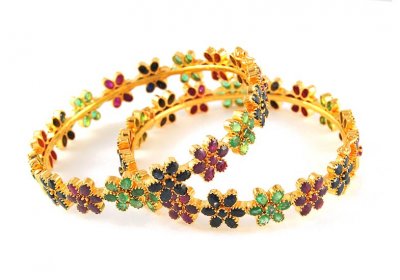 Ruby, Emerald and Sapphre Bangles - BaPs4463 - 22K Gold Bangles (2 Pcs) studded (flower shaped ...