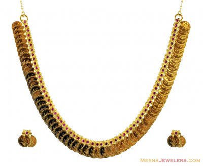 22k Kasu Mala With Ruby - StBr14279 - 22k gold necklace earring set ...