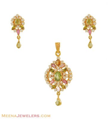 22Kt Gold Colorful Pendant Set - PsFc7973 - 22Kt Gold Pendant and ...